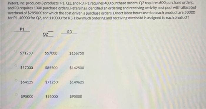 Solved Peters, Inc. produces 3 products: P1, Q2, and R3. P1 | Chegg.com