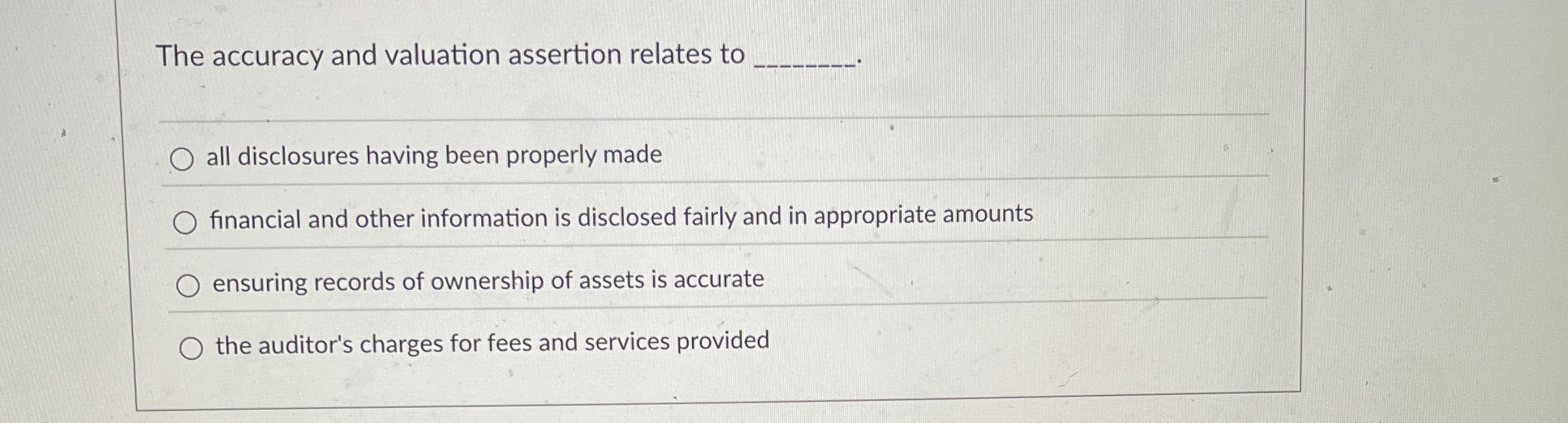Solved The accuracy and valuation assertion relates to all | Chegg.com