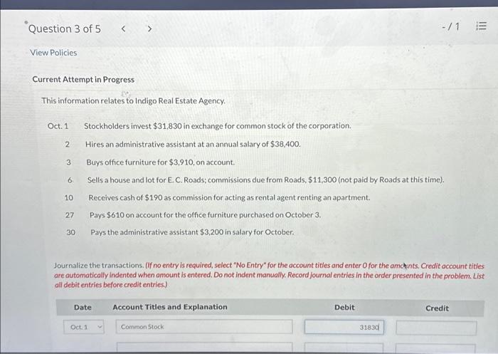 Question 3 of 5 View Policies Current Attempt in | Chegg.com