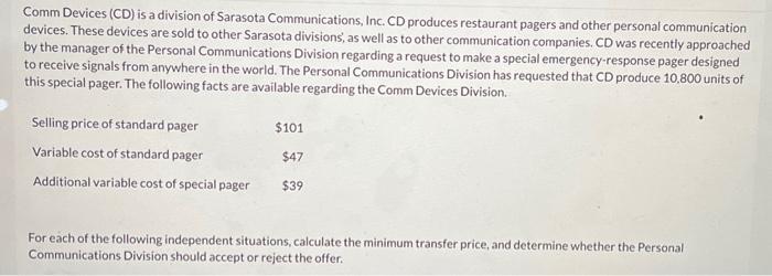 Solved Comm Devices (CD) is a division of Sarasota | Chegg.com