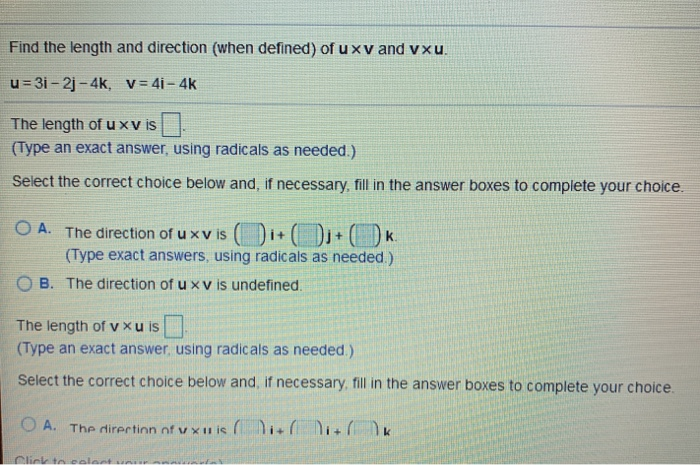 Solved Find the length and direction (when defined) of uxv | Chegg.com