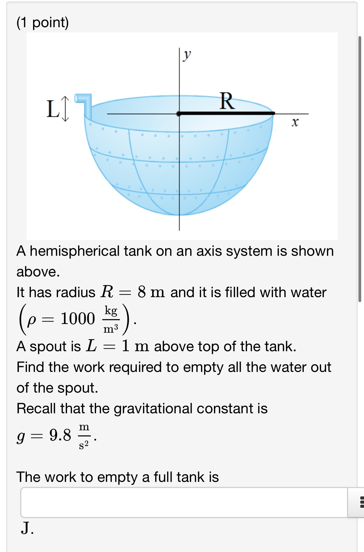 Solved (1 ﻿point)A hemispherical tank on an axis system is | Chegg.com