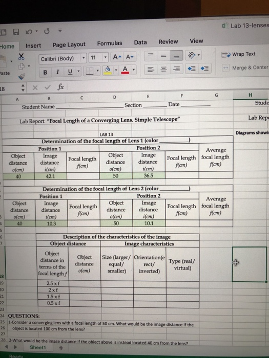 Solved Lab 13-lenses Data Formulas Review View Home Insert | Chegg.com
