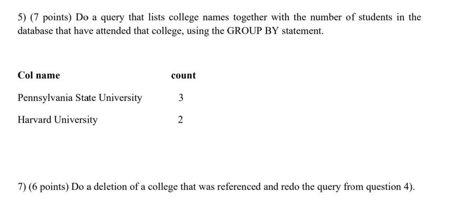 Solved 1) (10 points) Create a table "college" that has as | Chegg.com