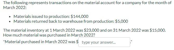 Solved The following represents transactions on the material | Chegg.com