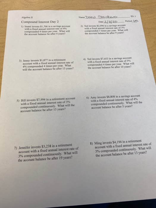 Solved Algebra II Compound Interest Day 2 1) Imani invests | Chegg.com