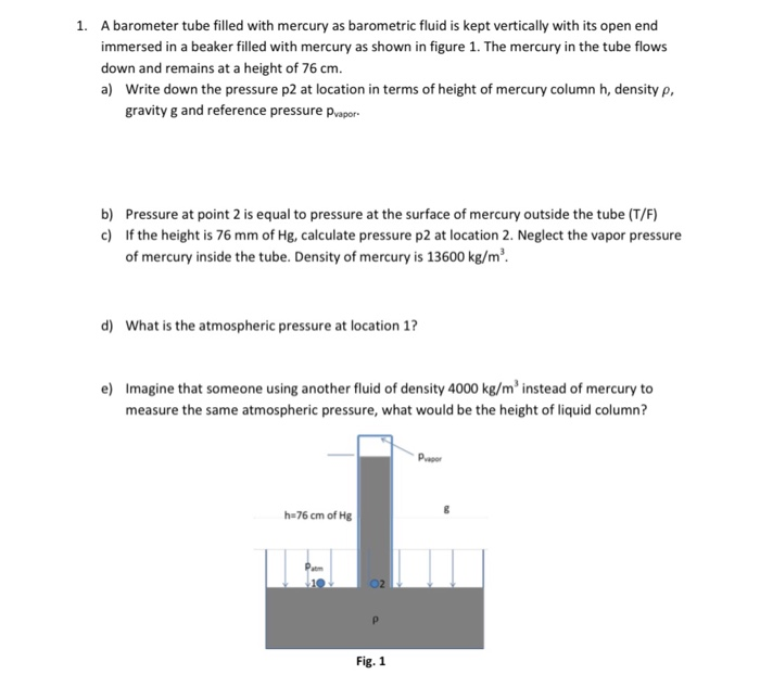 Solved 1. A barometer tube filled with mercury as barometric | Chegg.com