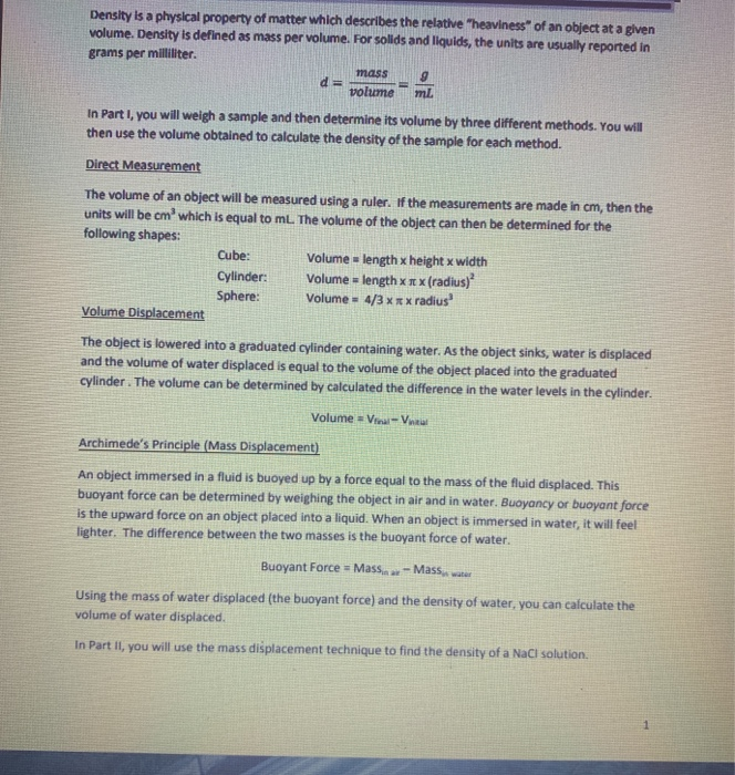 Density is a physical property of matter which | Chegg.com