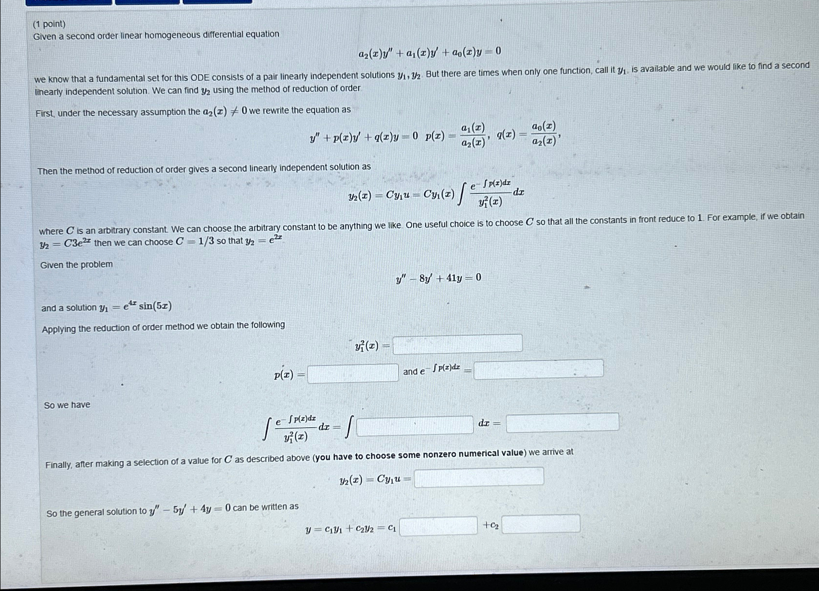 Solved (1 ﻿point)Given a second order linear homogeneous | Chegg.com