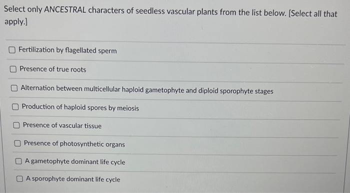 Solved Select only ANCESTRAL characters of seedless vascular | Chegg.com