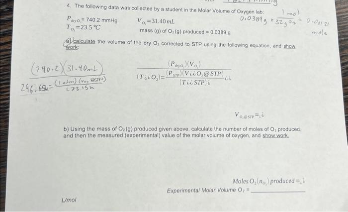 Solved 4. The following data was collected by a student in | Chegg.com
