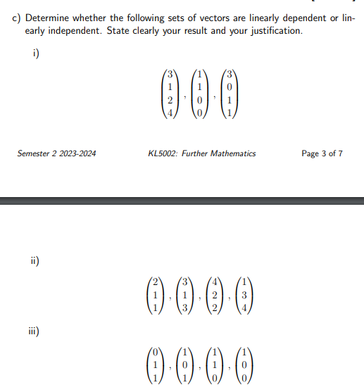 Solved c) ﻿Determine whether the following sets of vectors | Chegg.com