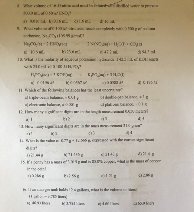 Solved 8. What volume of 16 M nitric acid must be diluted | Chegg.com