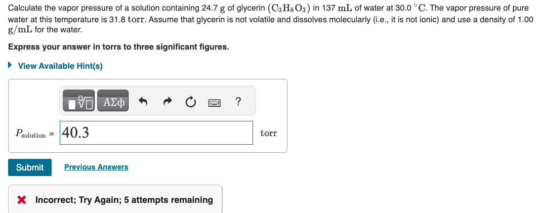 Solved Calculate the vapor pressure of a solution containing | Chegg.com