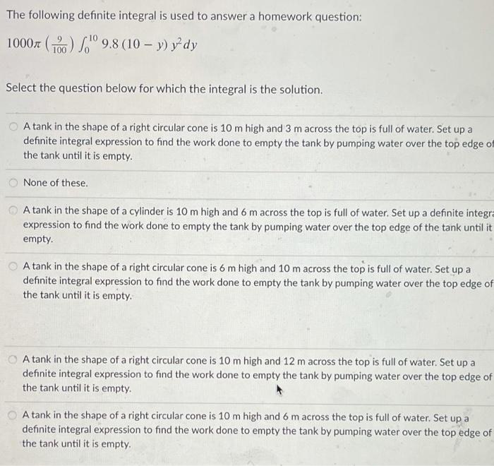 Solved The following definite integral is used to answer a | Chegg.com