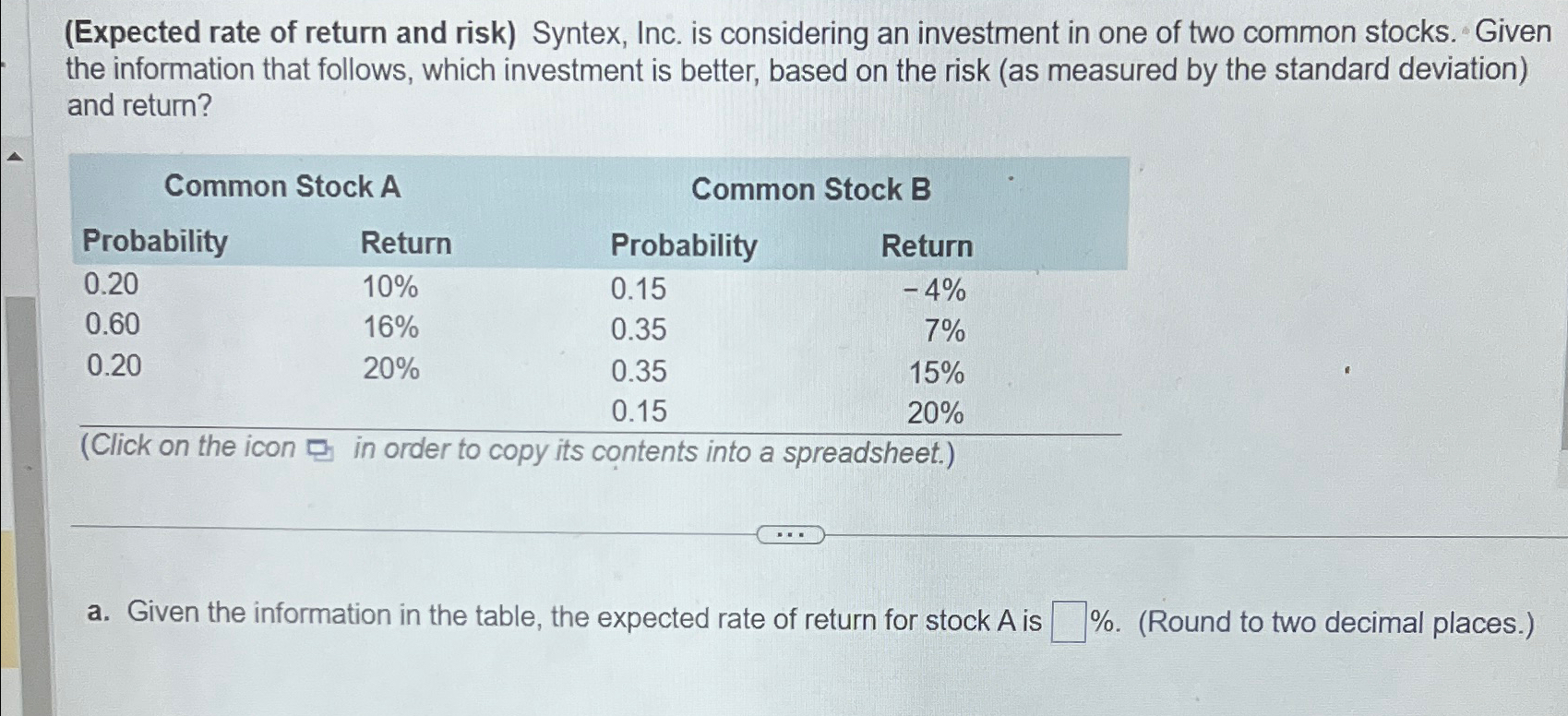 Solved (Expected rate of return and risk) ﻿Syntex, Inc. is | Chegg.com