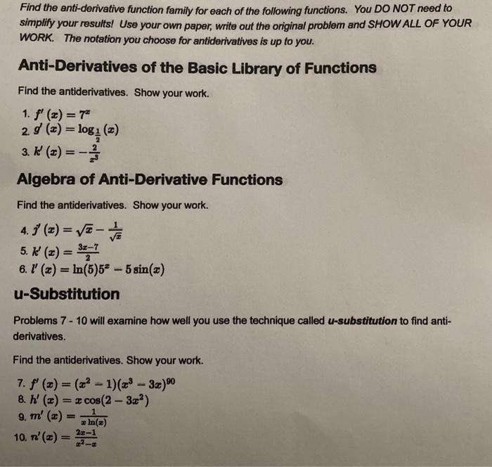 Solved Find the anti-derivative function family for each of | Chegg.com