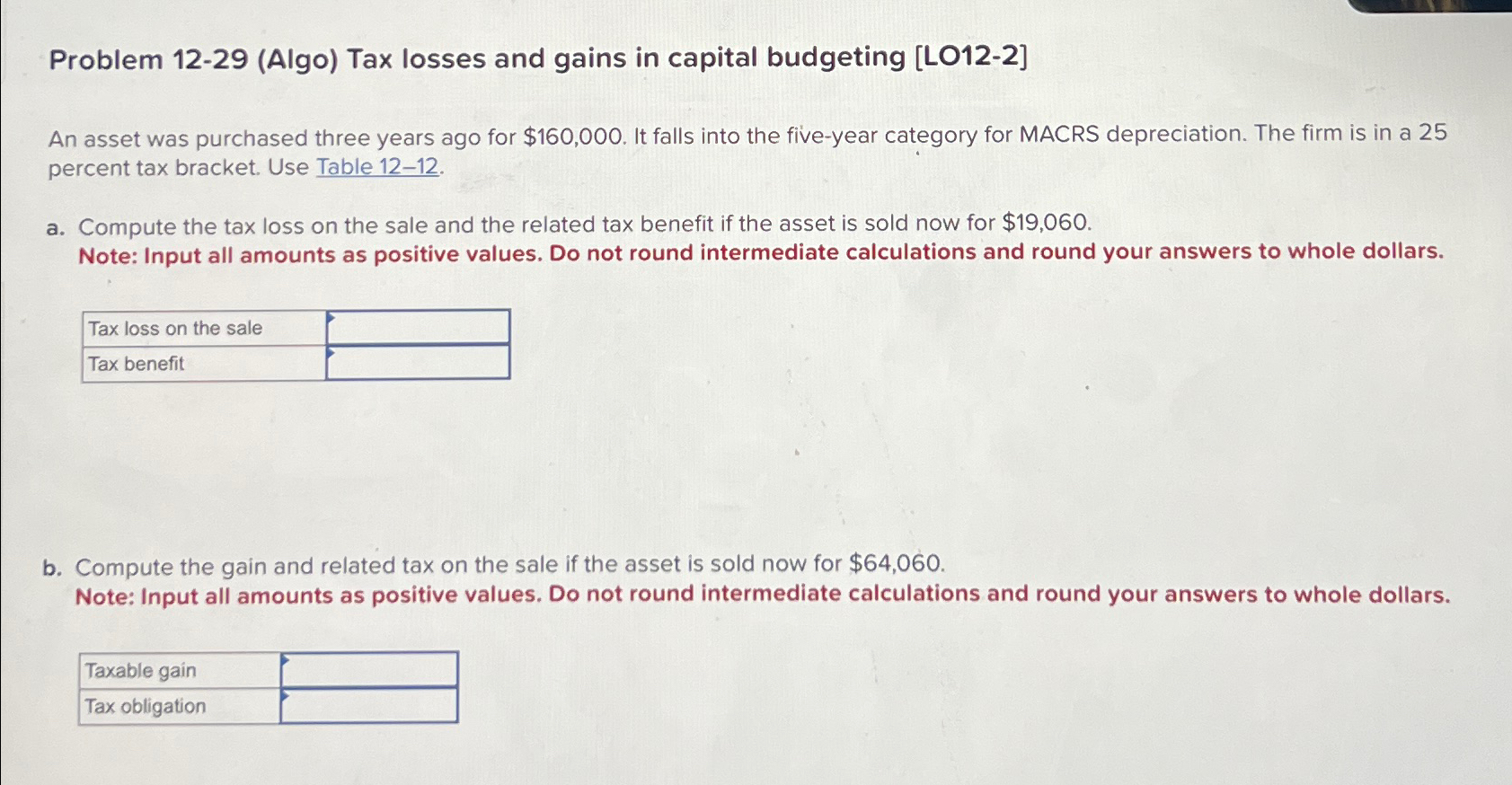 Solved Problem 12-29 (Algo) ﻿Tax losses and gains in capital | Chegg.com