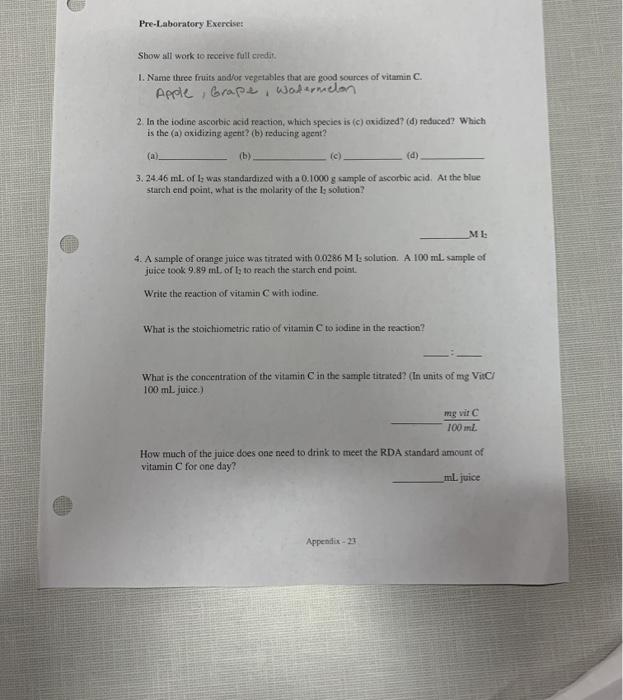 Solved Pre-Laboratory Exercise: Show all work to receive | Chegg.com