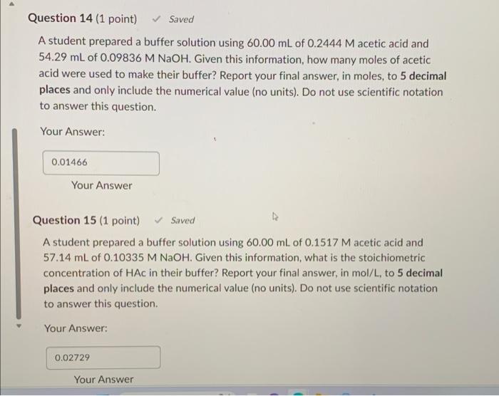 Solved Question 14 (1 point) A student prepared a buffer | Chegg.com