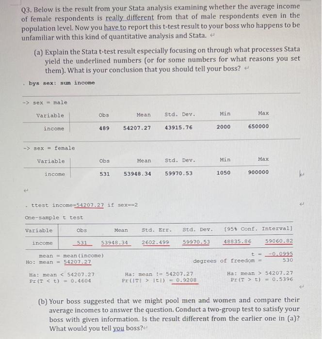 Solved Q3. Below is the result from your Stata analysis | Chegg.com