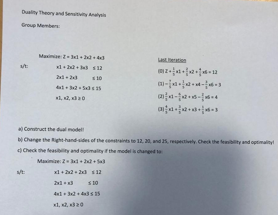 Solved Duality Theory and Sensitivity AnalysisGroup | Chegg.com