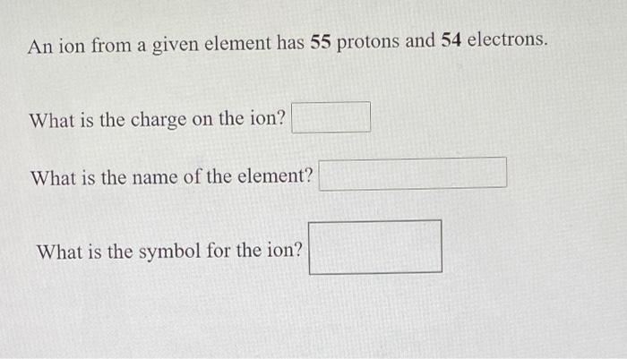 Solved An ion from a given element has 55 protons and 54 | Chegg.com