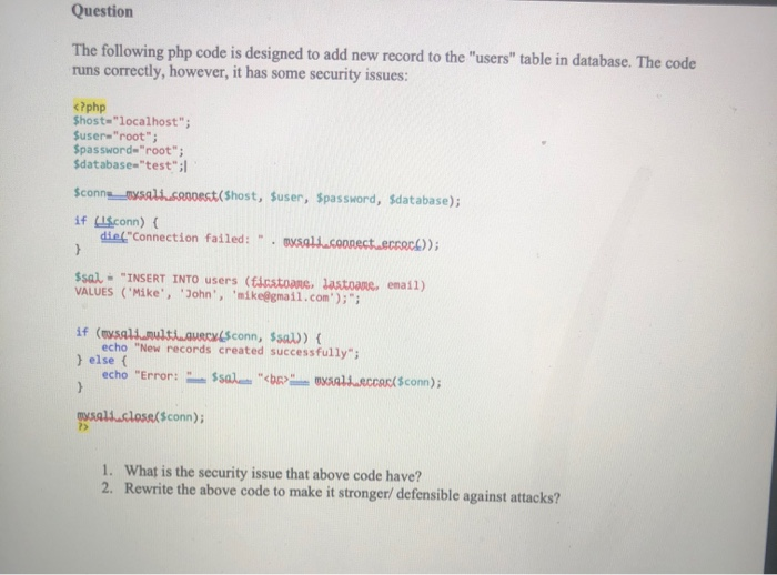 Solved Question The Following Php Code Is Designed To Add 6605