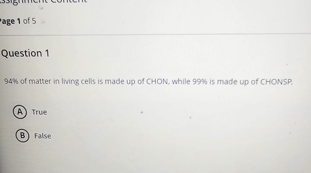 Solved age 1 ﻿of 5Question 194% ﻿of matter in living cells | Chegg.com