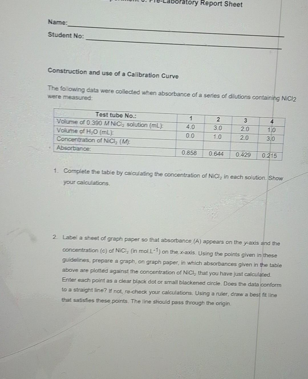 Solved Construction and use of a Calibration Curve The fo | Chegg.com