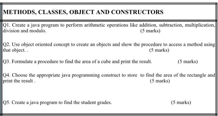 Solved METHODS, CLASSES, OBJECT AND CONSTRUCTORS Q1. Create | Chegg.com