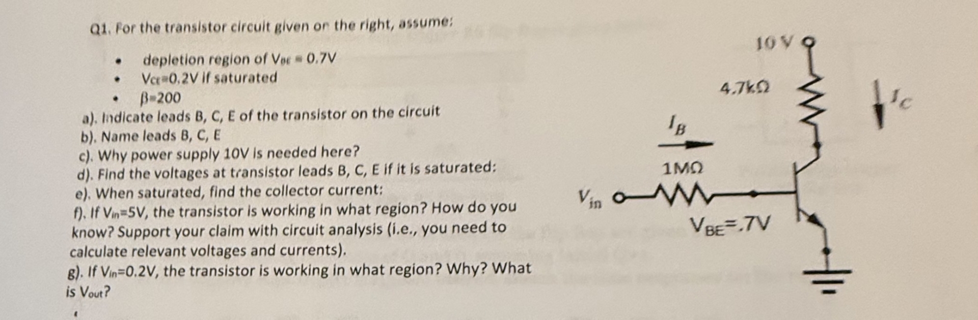 Solved Q1. ﻿For the transistor circuit given or the right, | Chegg.com