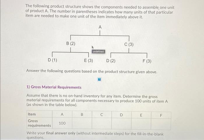 Solved The following product structure shows the components | Chegg.com