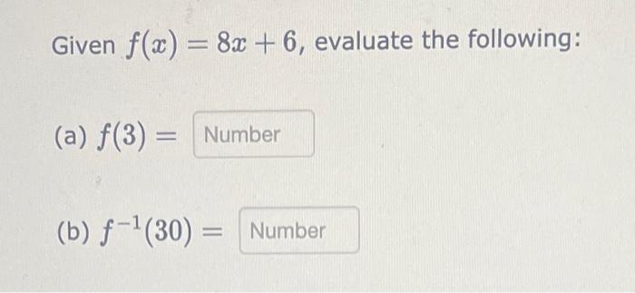 Solved Given f(x)=8x+6, evaluate the following: (a) f(3)= | Chegg.com