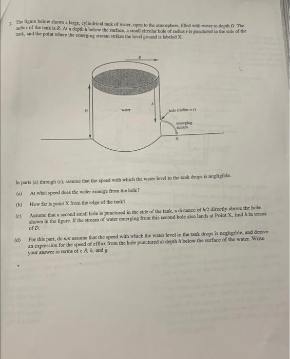 Solved 2. The figure below shows a large, cylindrical tank | Chegg.com