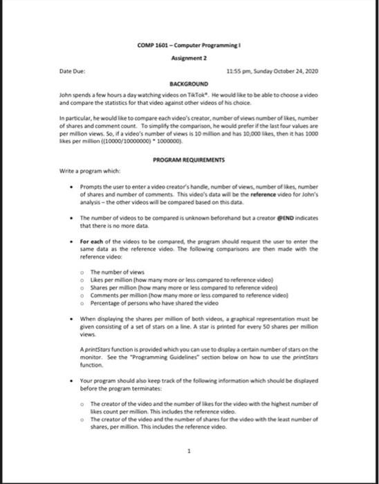 Solved COMP 1601 - Computer Programming Assignment 2 Date | Chegg.com