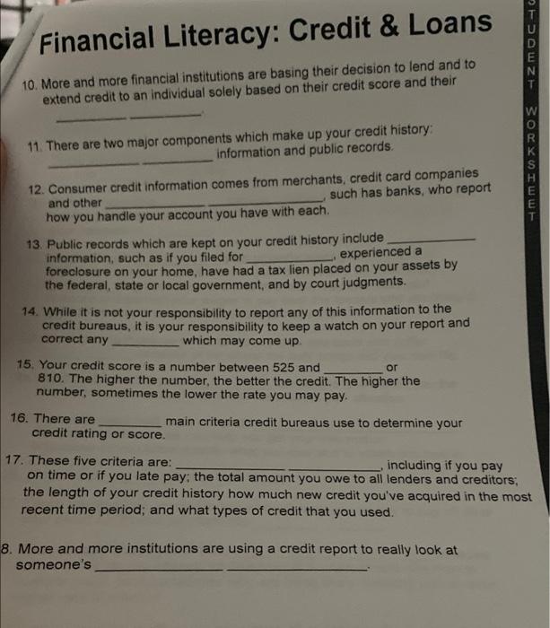 Financial Literacy: Credit & Loans Directions Fill in | Chegg.com