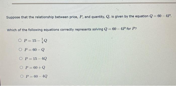 Solved Suppose that the relationship between price, P, and | Chegg.com