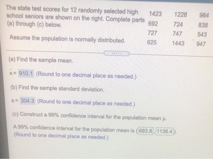 Solved The state test scores for 12 randomly selected high | Chegg.com