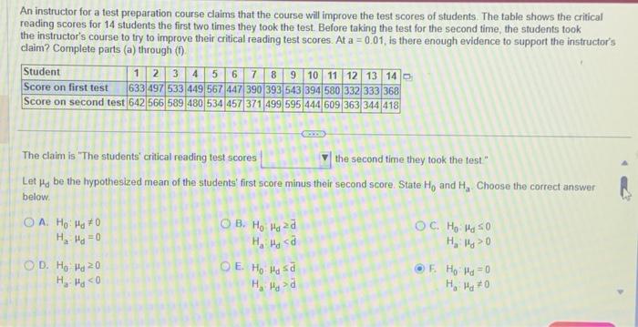 Solved An instructor for a test preparation course claims | Chegg.com