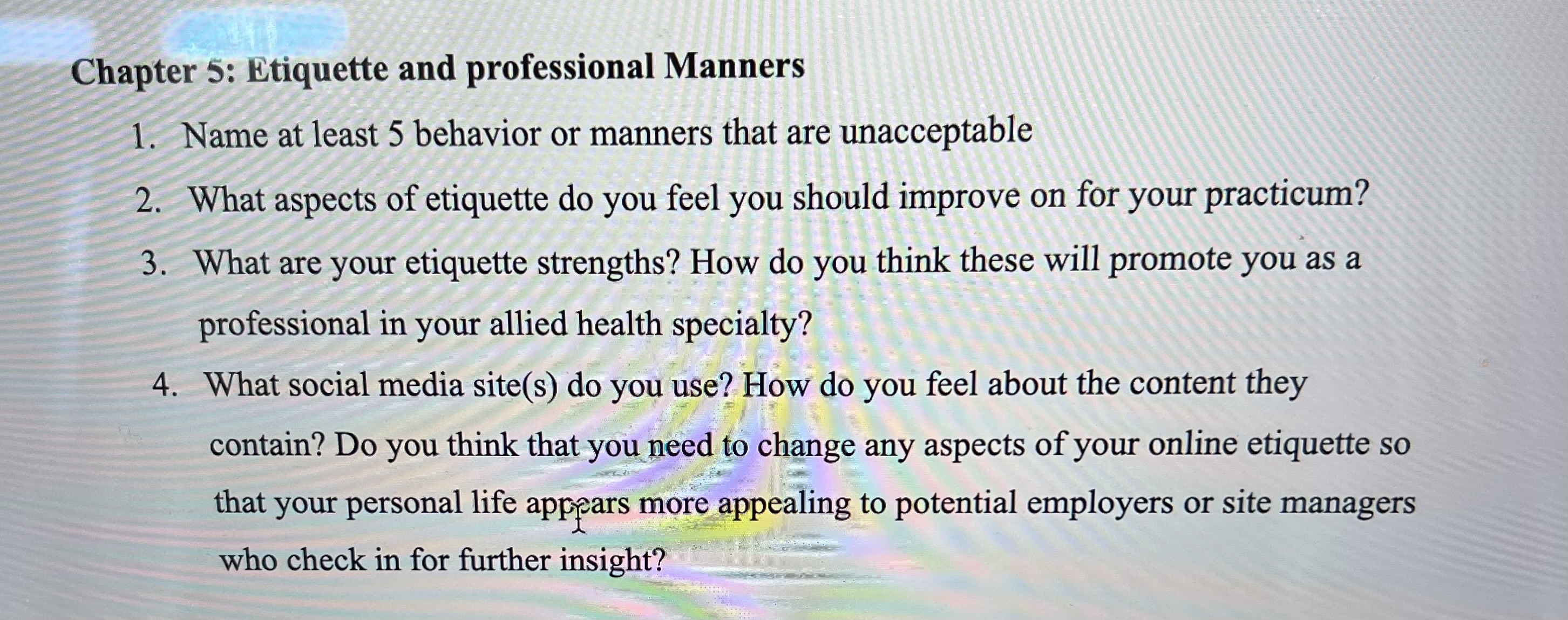 Solved Chapter 5: Etiquette and professional MannersName at | Chegg.com