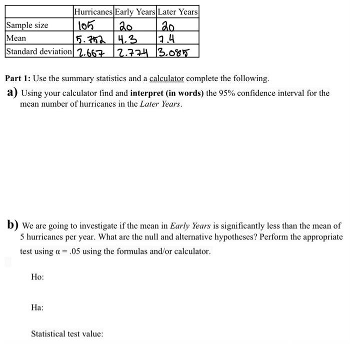 Solved Part 1: Use the summary statistics and a calculator | Chegg.com