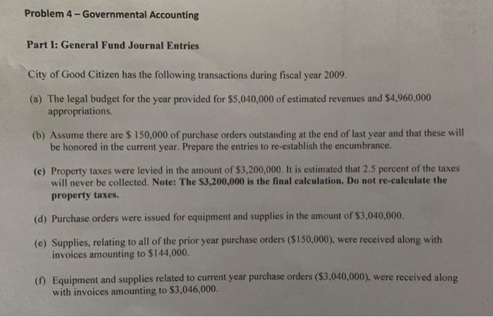 Solved Problem 4-Governmental Accounting Part I: General | Chegg.com