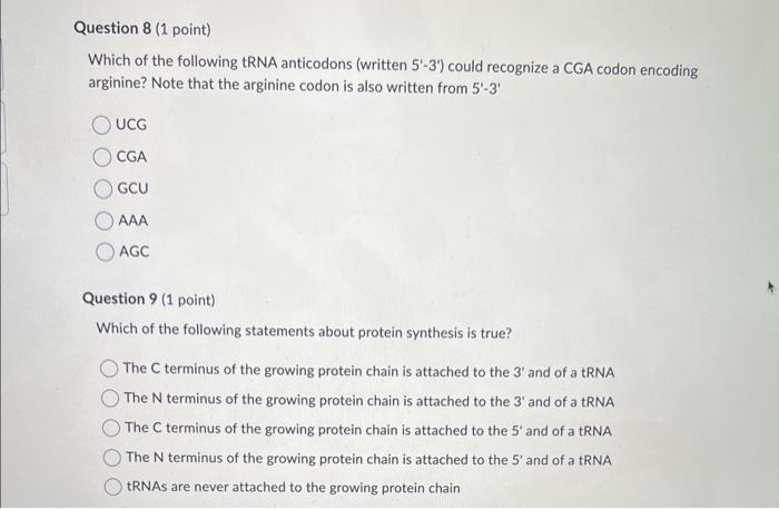 Solved Which of the following tRNA anticodons (written | Chegg.com