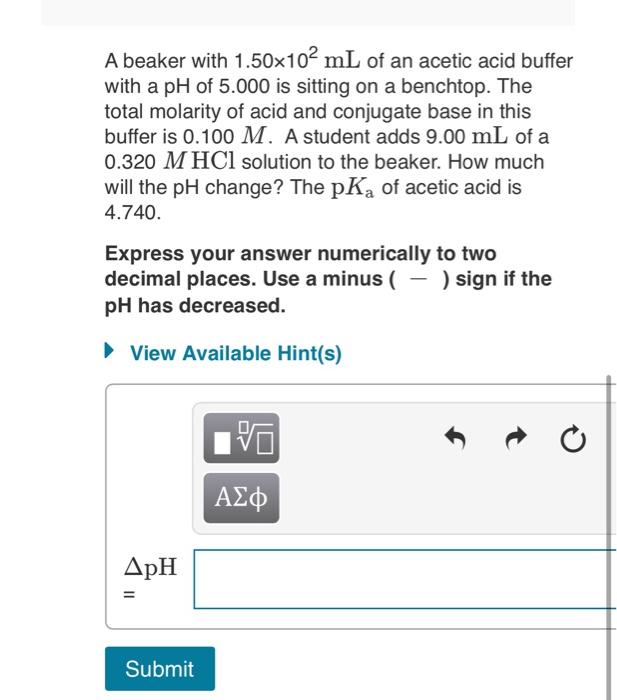 Solved A beaker with 1.50×102 mL of an acetic acid buffer | Chegg.com
