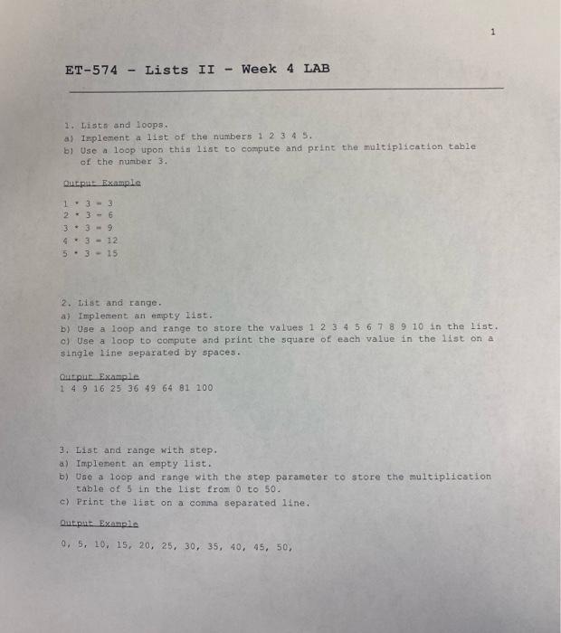 Solved ET-574 - Lists II - Week 4 LAB 1. Lists and Loops. a) | Chegg.com