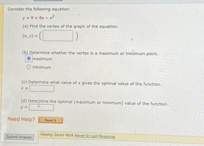 Solved Consider the following equation. y=9+8x−x2 (a) Find | Chegg.com