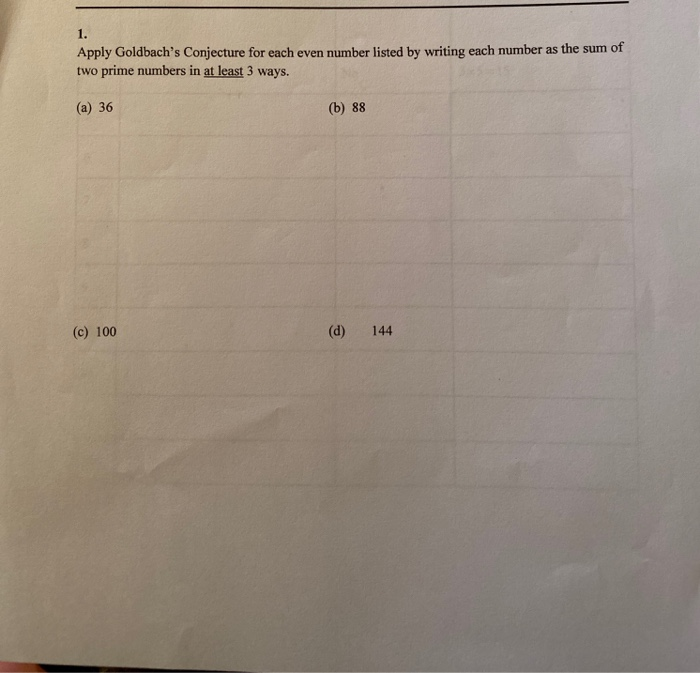 Solved 1. Apply Goldbach's Conjecture for each even number | Chegg.com