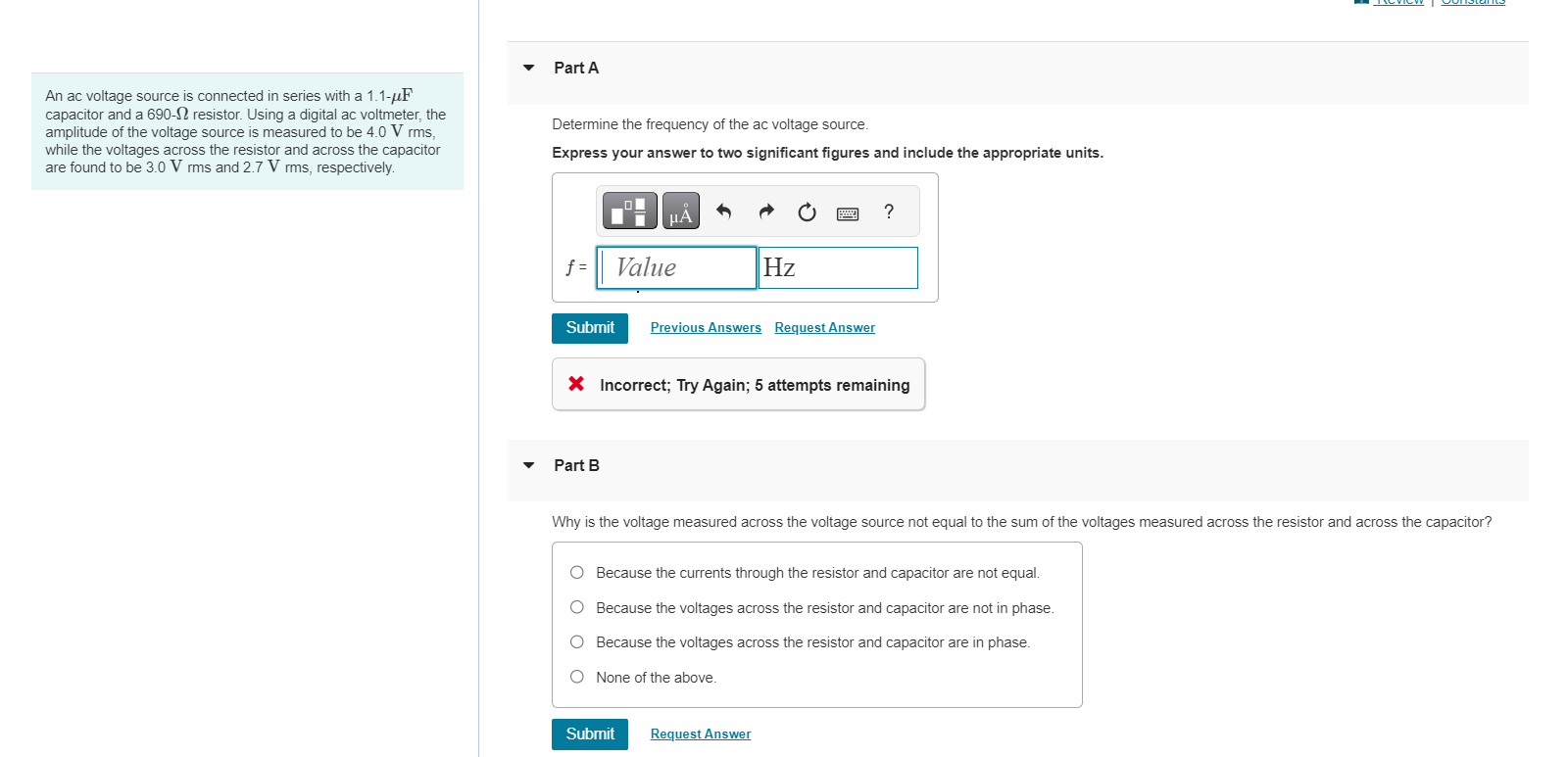 Solved Part AAn ac voltage source is connected in series | Chegg.com
