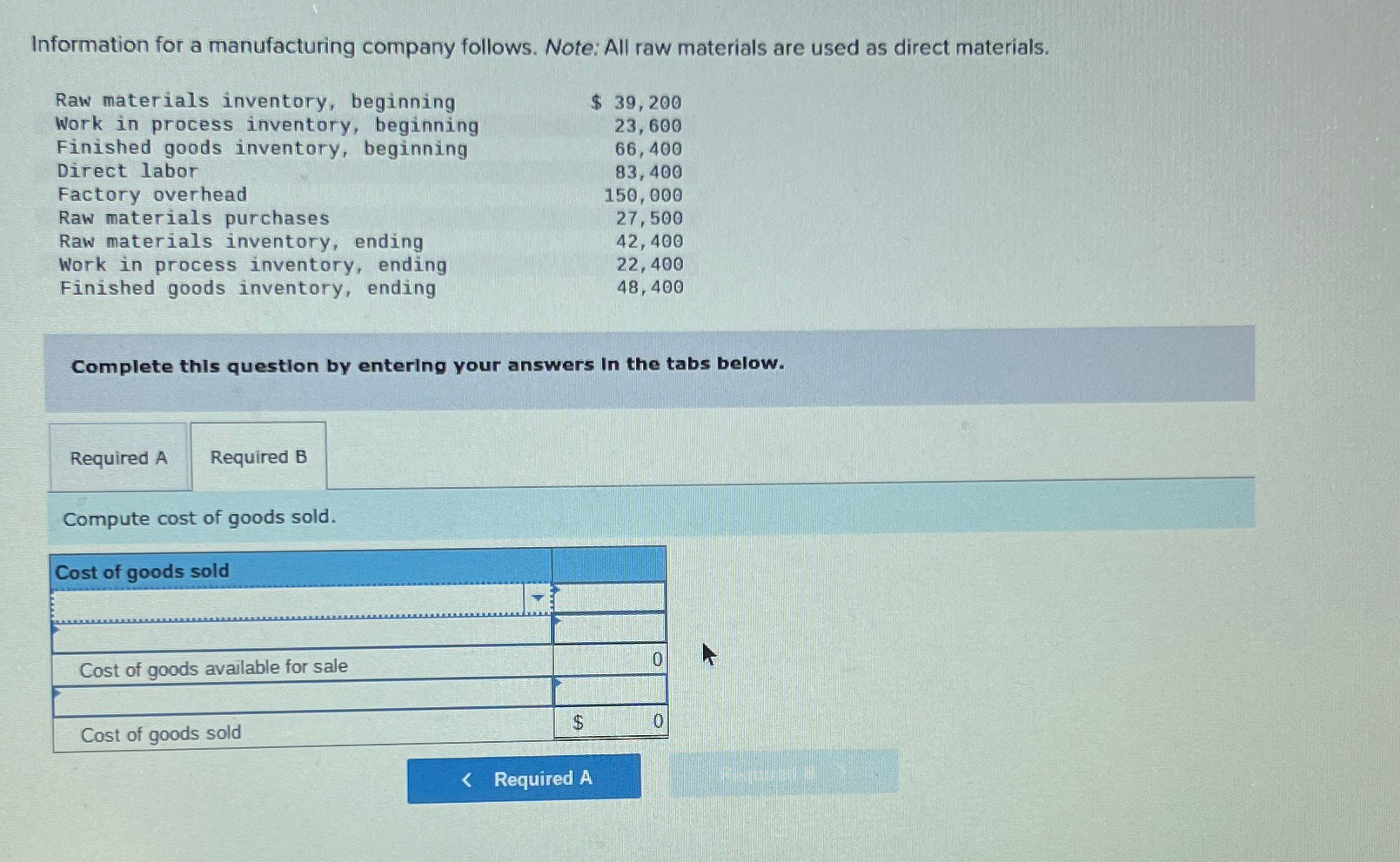 Solved Information for a manufacturing company follows. | Chegg.com